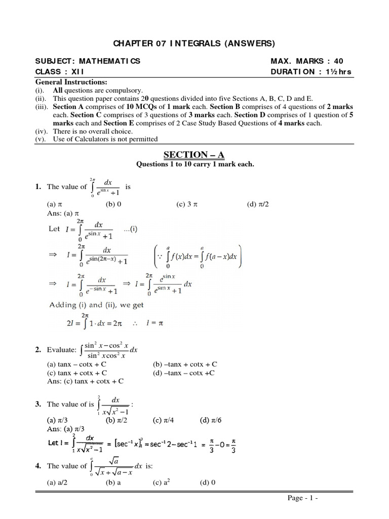Maths Class Xii Chapter 07 Integrals Practice Paper 07 Answers | PDF | Mathematics