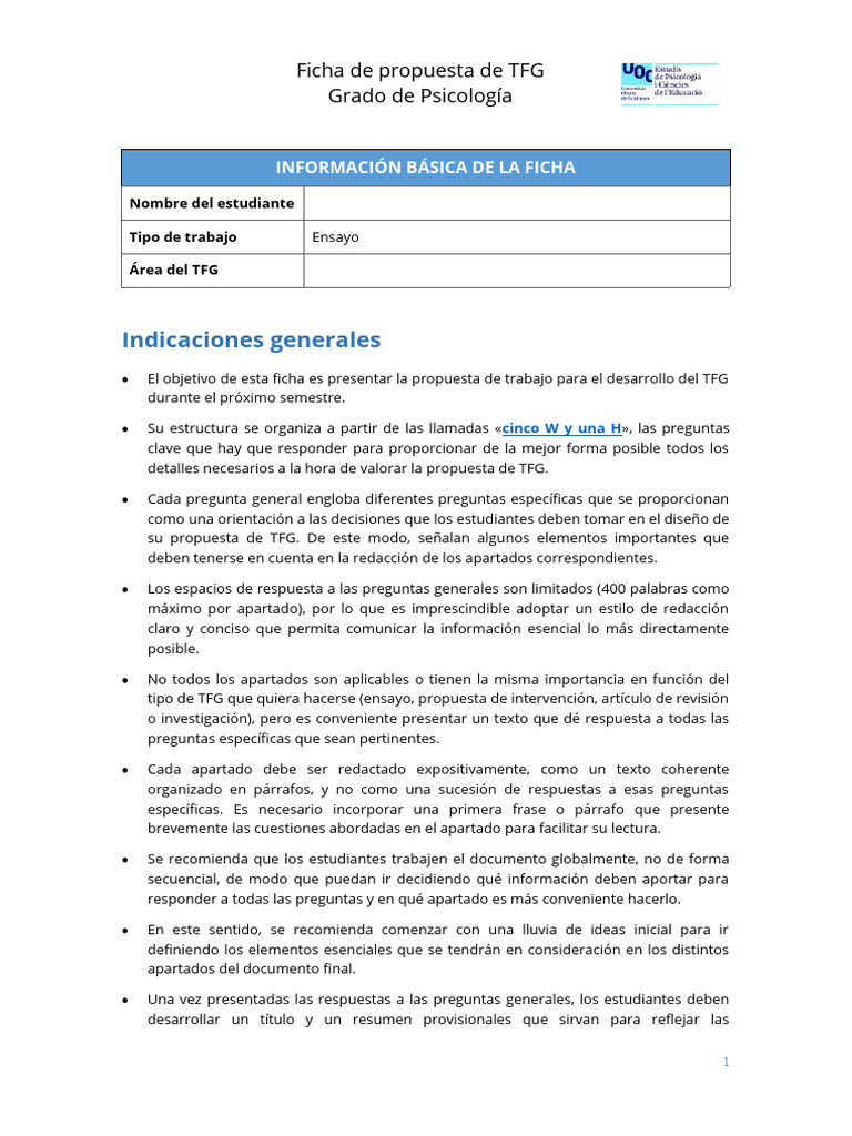 Ejemplo.+Ficha Propuesta de TFG PSICOLOGIA | PDF | Espectro autista | Fibromialgia