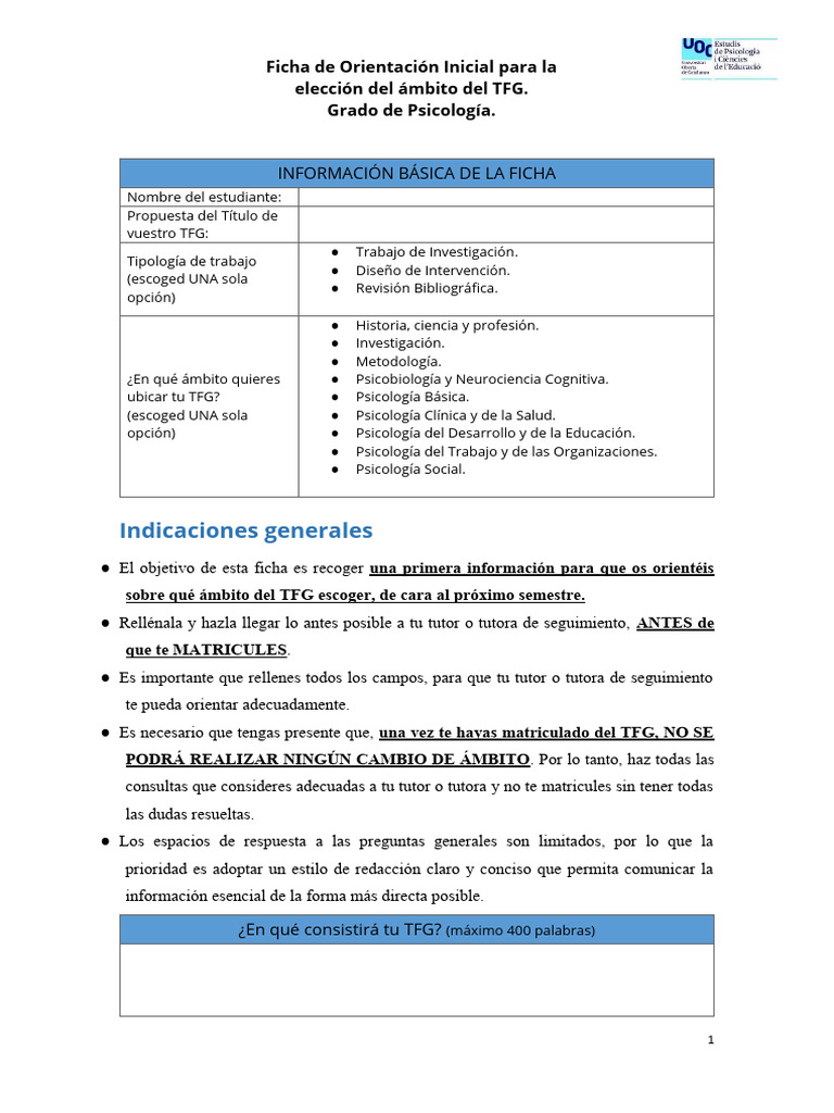 Ficha+Propuesta+Inicial+TFG | PDF | Sicología | Science
