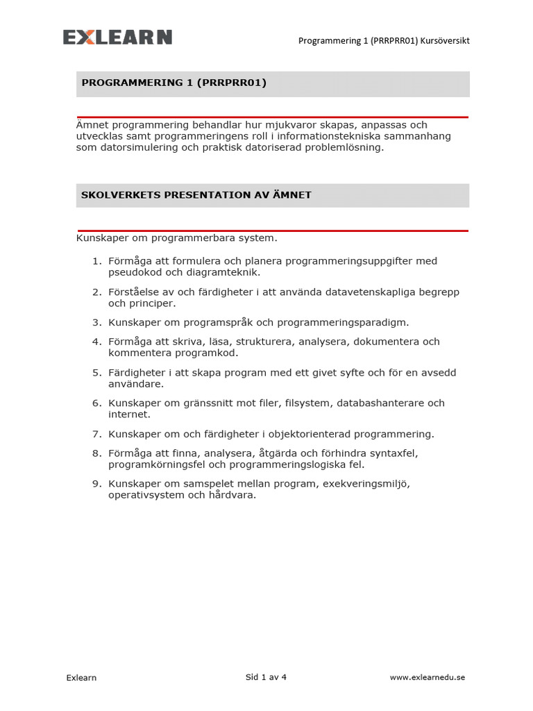 Kursöversikt Programmering | PDF