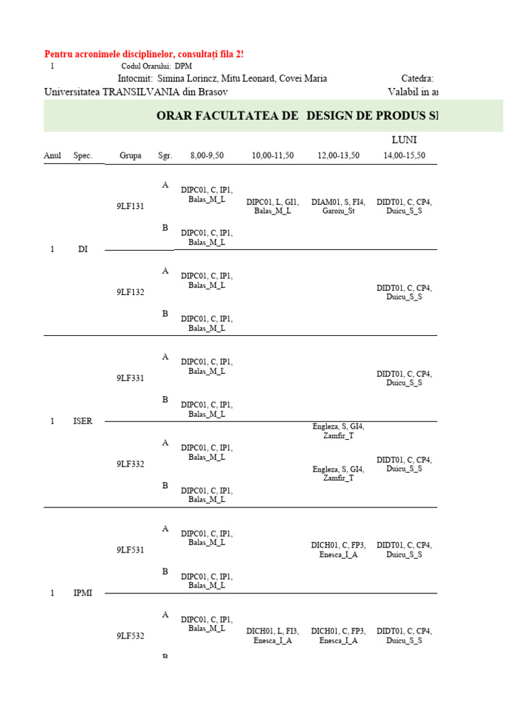 Orar Facultatea de Design de Produs Si Mediu: Universitatea ...