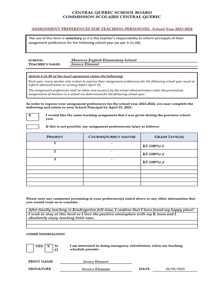 Assignment Preferences Form - Teachers - 2023-2024 | PDF