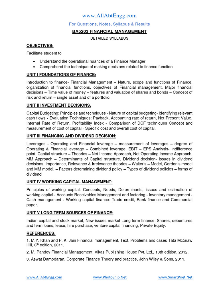 MBA Financial Management Syllabus | PDF | Financial Markets | Balance Sheet