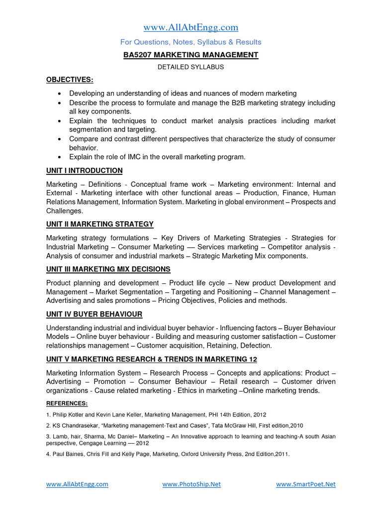 Marketing Management Mba Syllabus Pdf Marketing Consumer Behaviour