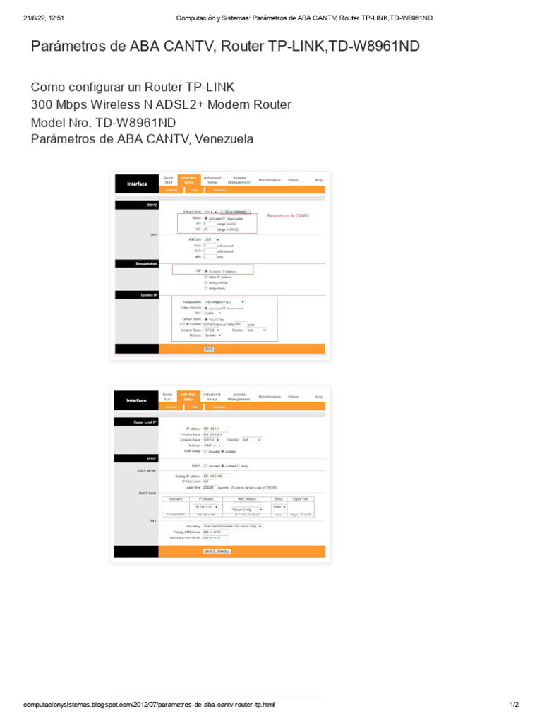 Parámetros de ABA CANTV, Router TP-LINK, TD-W8961ND | PDF
