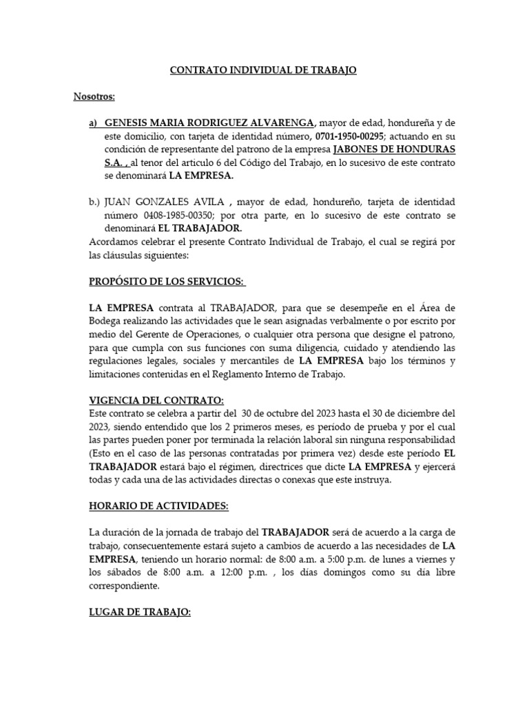 Contrato Individual de Trabajo | PDF