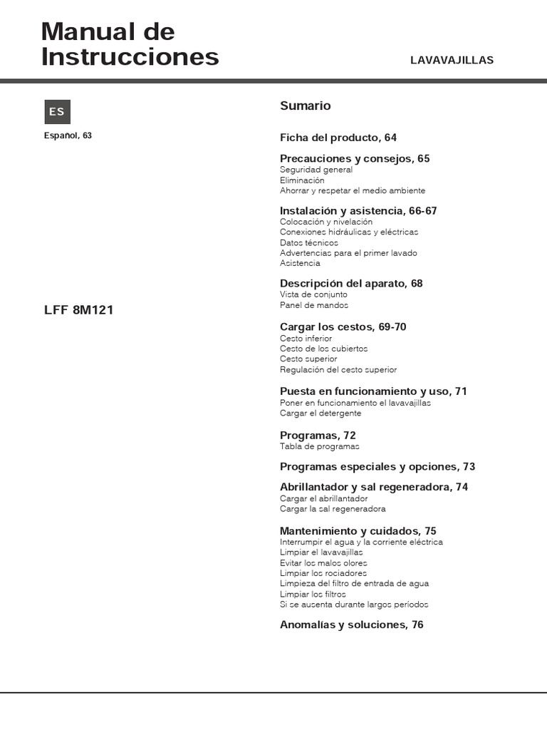 Manual Lavavajillas Hotpoint Ariston LFF 8M121 | PDF | Lavavajillas | Detergente