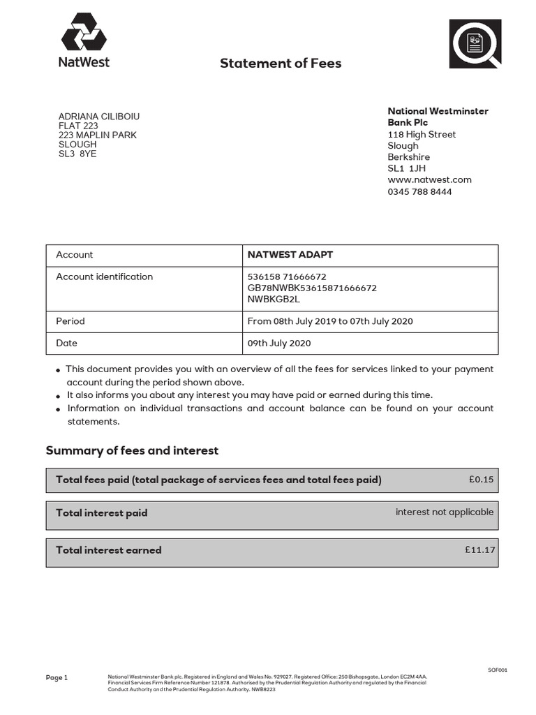 NatWest Adapt Account Fee Overview | PDF | Overdraft | Transaction Account