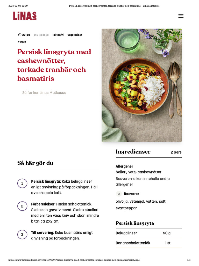 Persisk Linsgryta Med Cashewnötter, Torkade Tranbär Och Basmatiris ...
