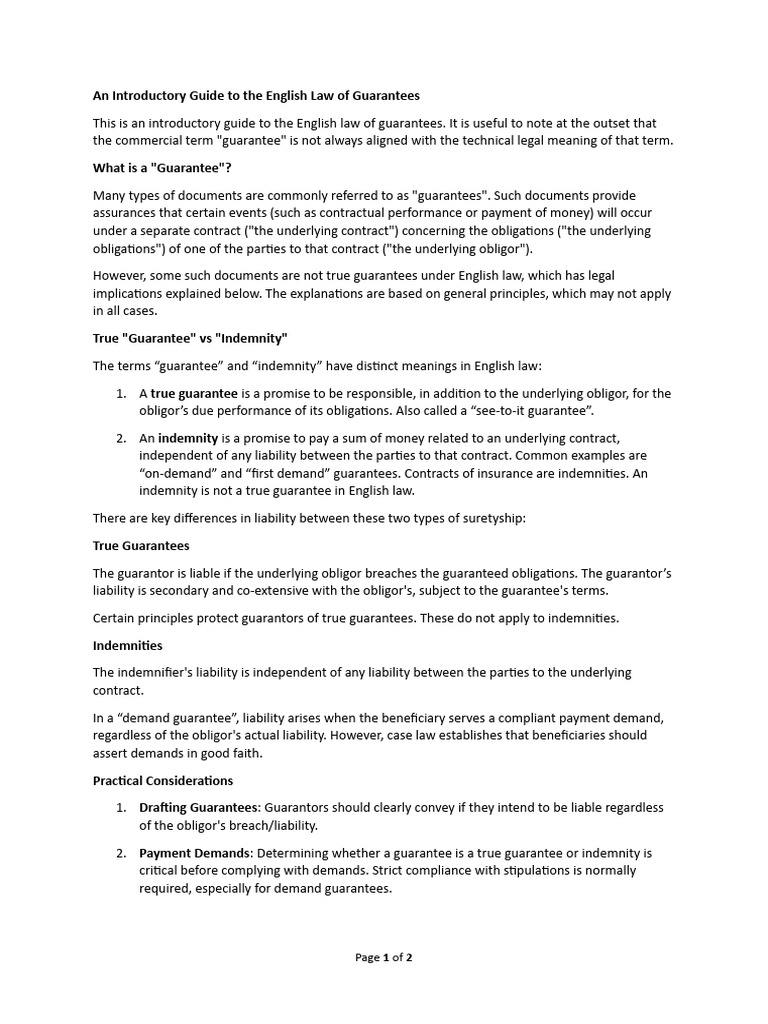 An Introductory Guide To The English Law of Guarantees V1.1 | PDF ... An Introductory Guide To The English Law of Guarantees V1.1 | PDF ...