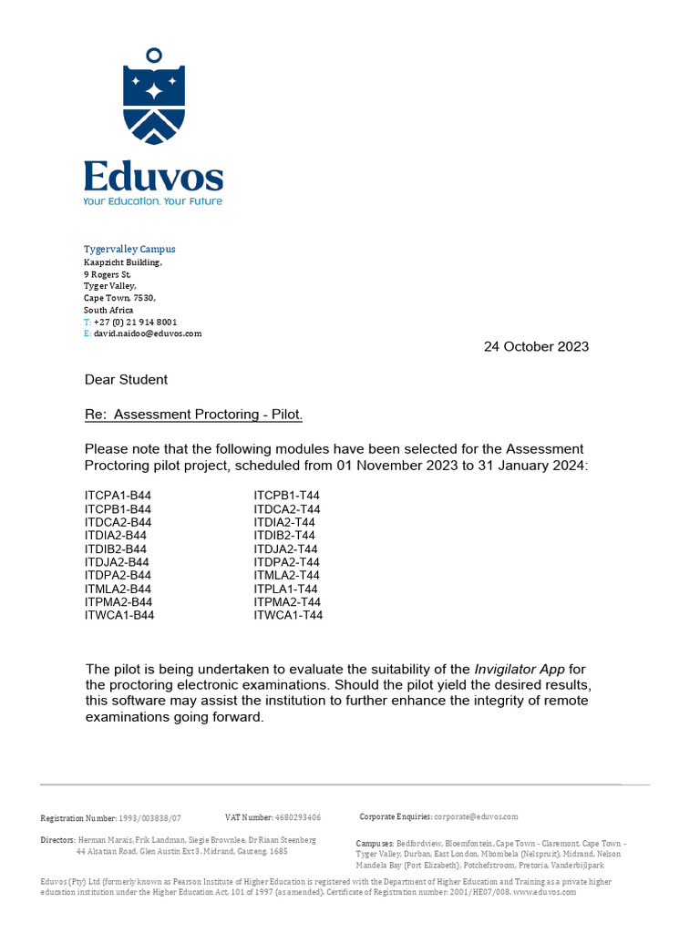 Invigilator App Phase 2 Student Letter | PDF