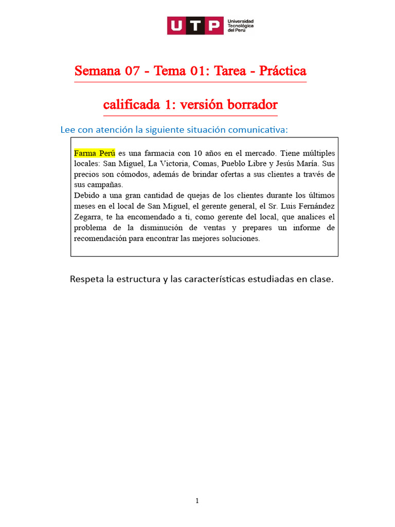 Semana 04 - Tema 01 Tarea - Práctica Calificada 1 Versión Borrador (Terminado) | PDF