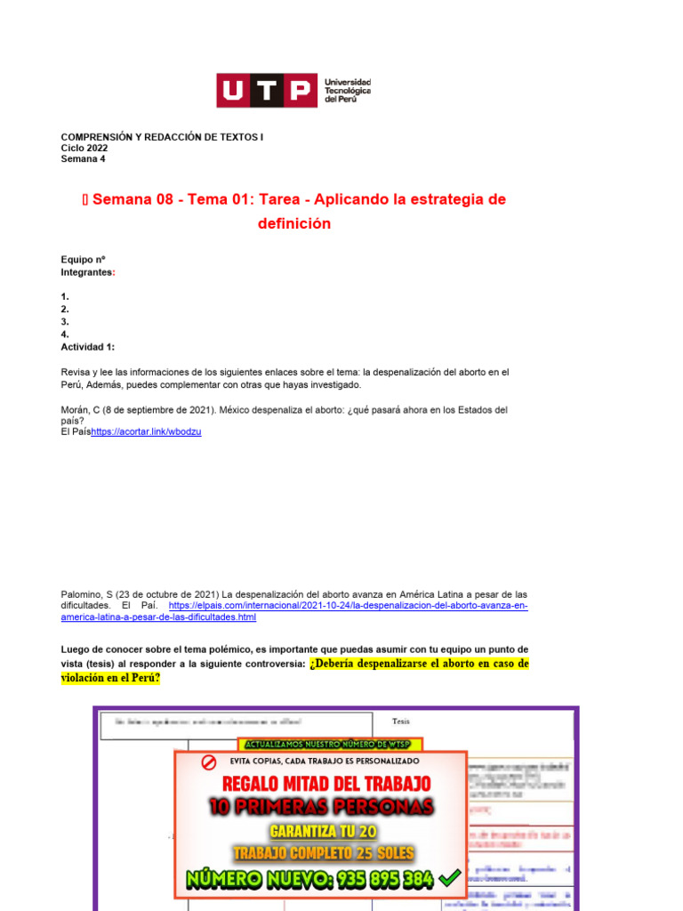 ? Semana 05 - Tema 01 Tarea - Aplicando La Estrategia de Definición (Terminado) | PDF | Lingüística