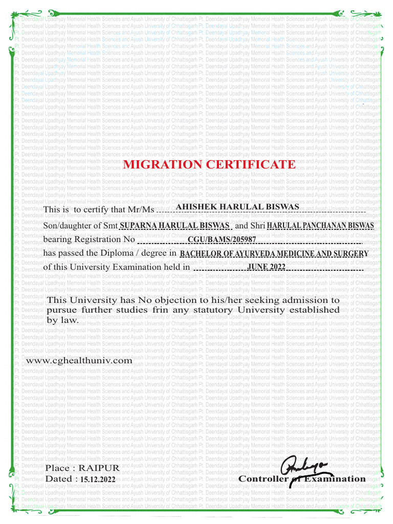 Migration Certificate for BAMS Graduate | PDF