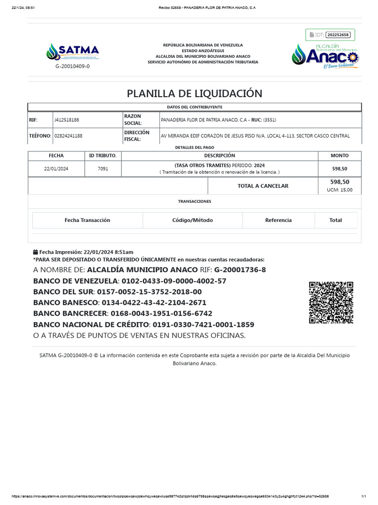 Recibo 52658 - PANADERIA FLOR DE PATRIA ANACO, C.A | PDF | Inversores ...
