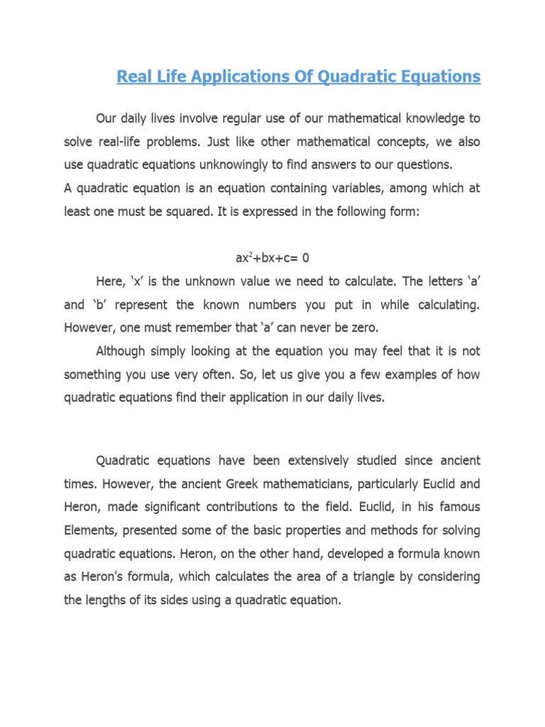 Real Life Applications of Quadratic Equations | PDF | Equations ...