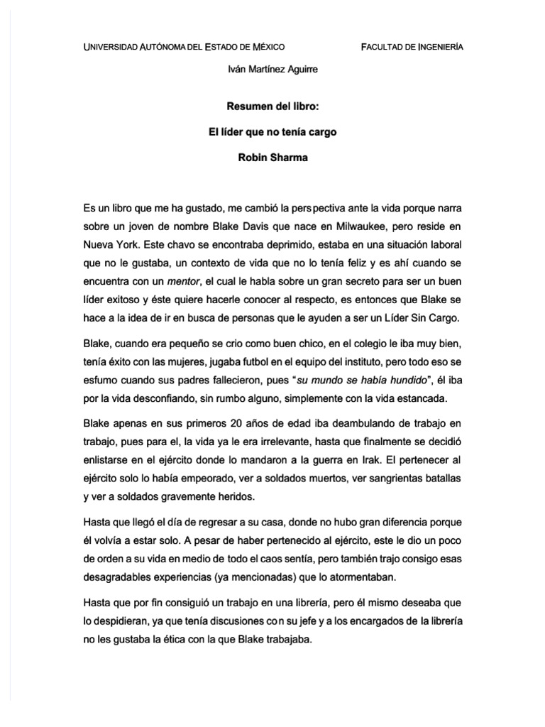 PDF Resumen Del Libro El Lider Que No Tenia Cargo de Robin Sharma Compress | PDF | Liderazgo