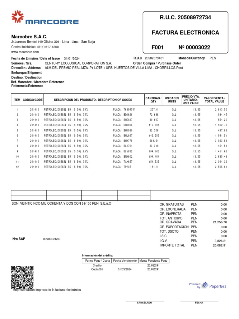 Marcobre S.A.C.: R.U.C. 20508972734 Factura Electronica | PDF