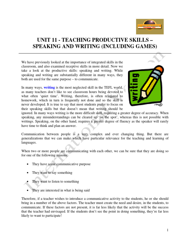 Unit 11 - Teaching Productive Skills - Speaking and Writing (Including ...