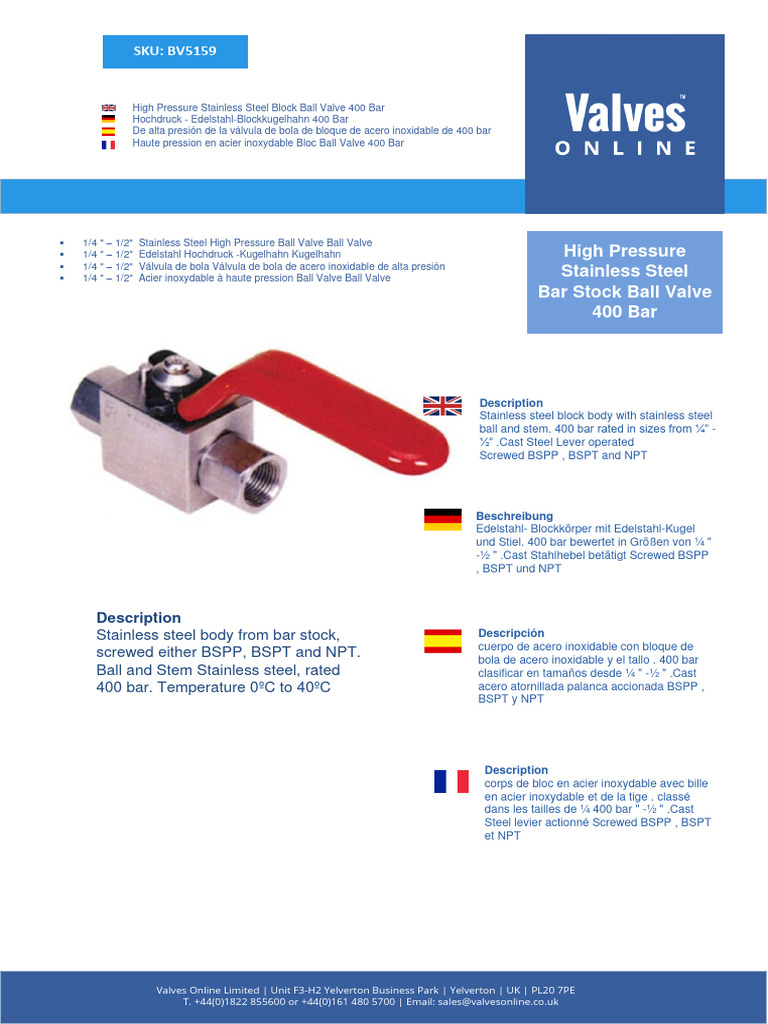 High Pressure Ball Valve Stainless Steel 400 Bar | PDF