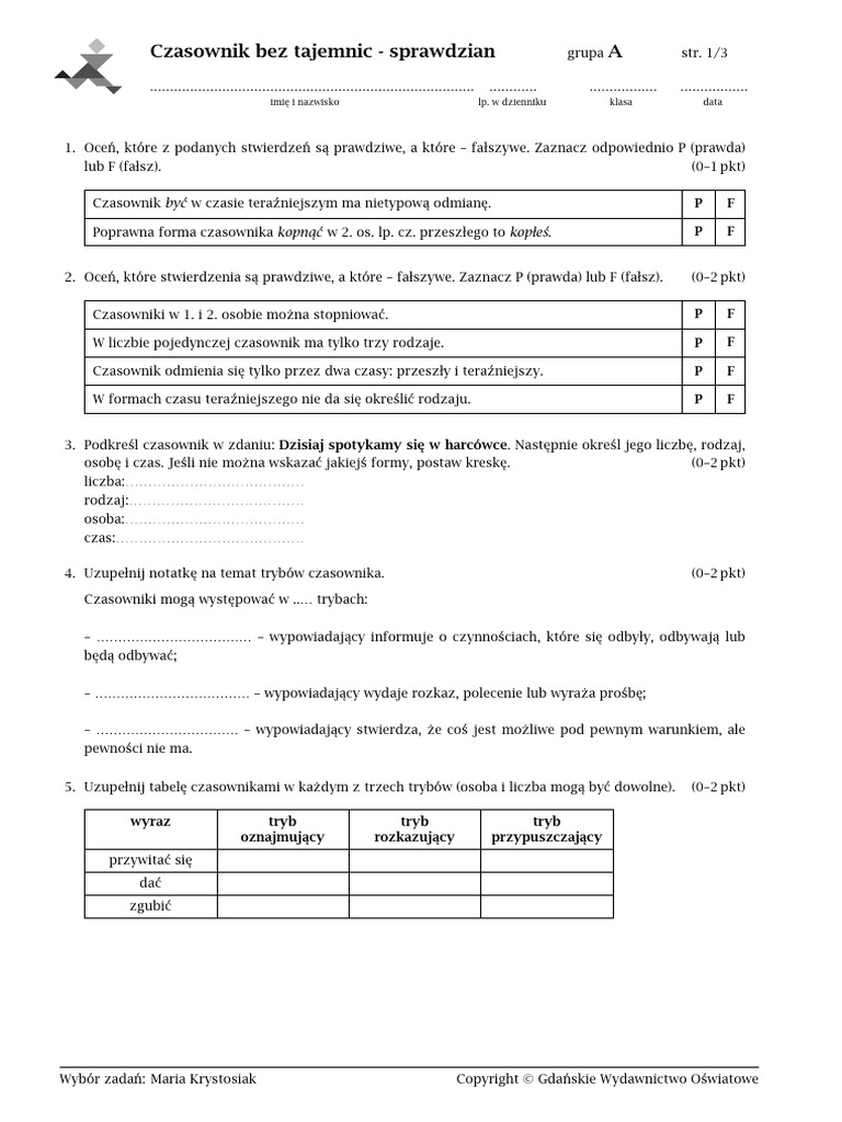 Czasownik - Sprawdzian Klasa V | PDF Czasownik - Sprawdzian Klasa V | PDF