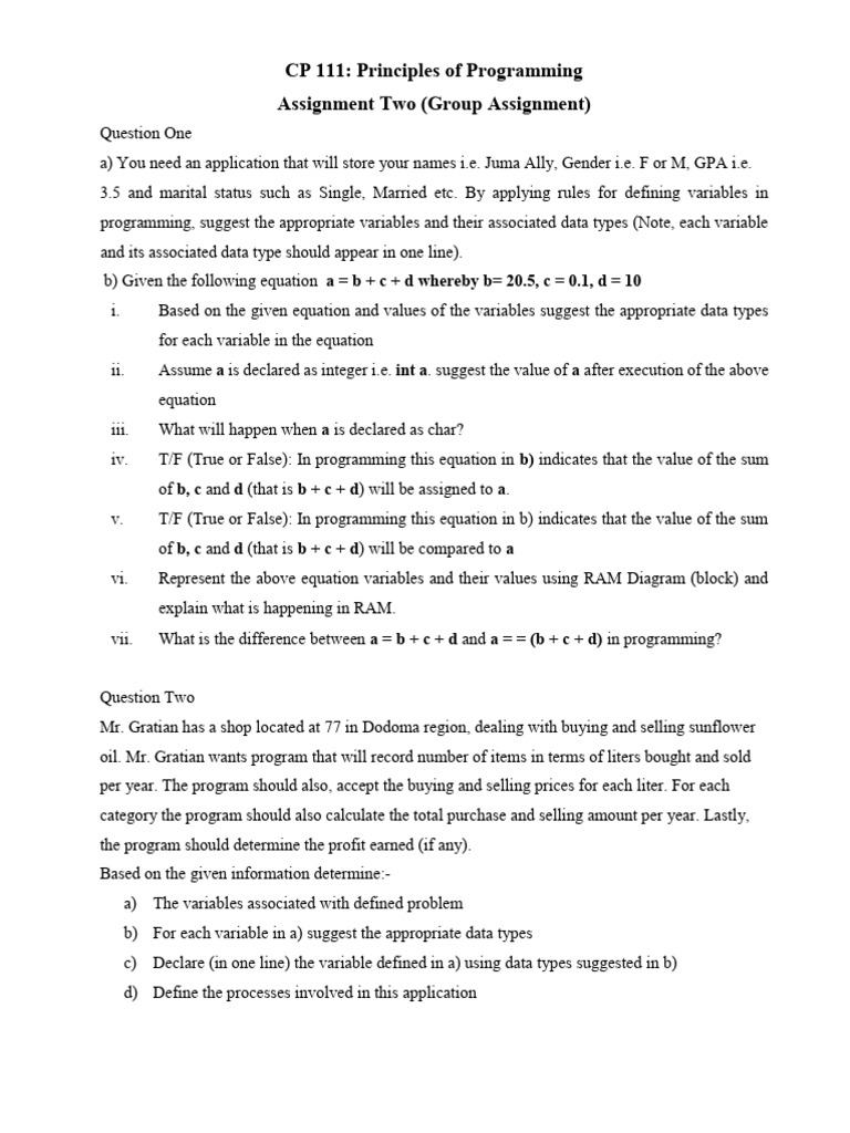CP 111: Principles of Programming Assignment Two (Group Assignment) | PDF | Integer (Computer ...