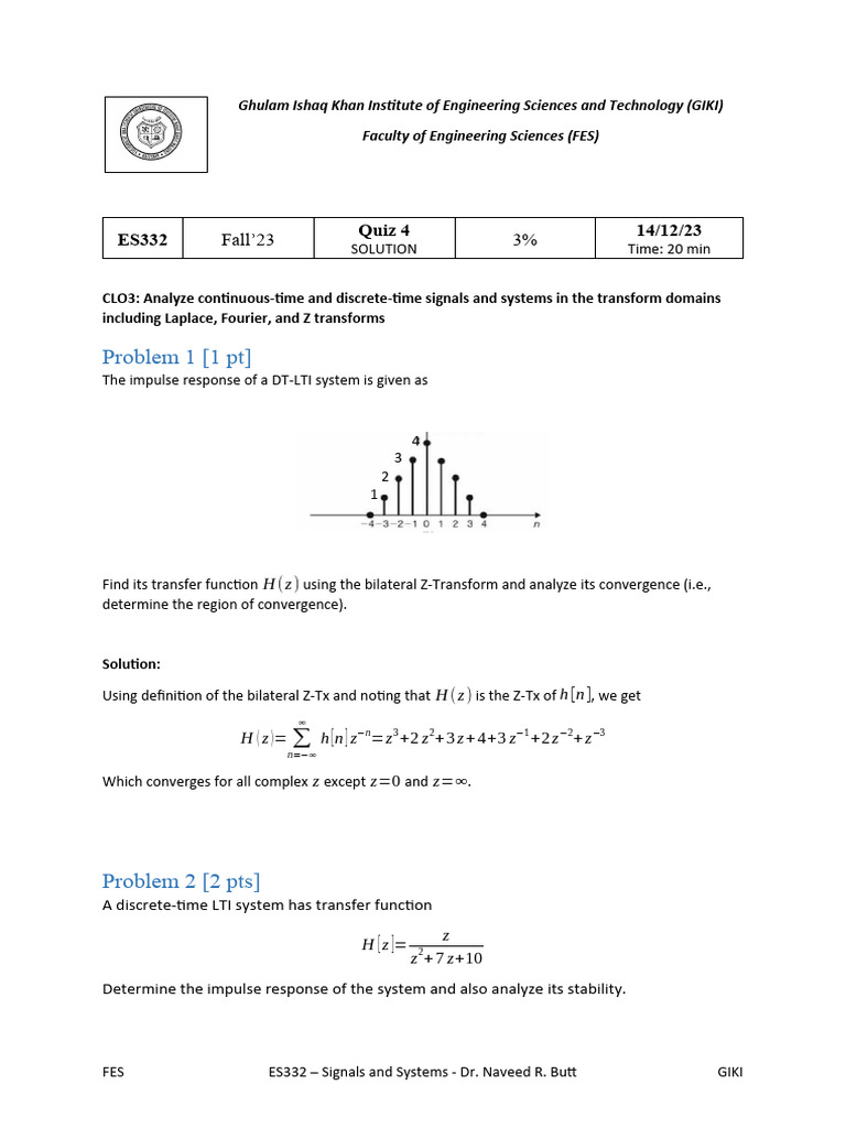 Quiz4 Soln Es332 NRB F23 | PDF | Laplace Transform | Mathematical Relations