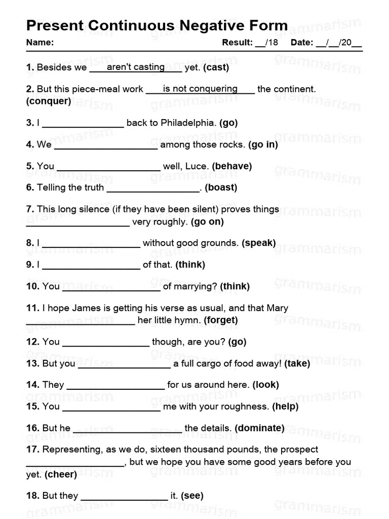 Present Continuous Negative Exercises | PDF