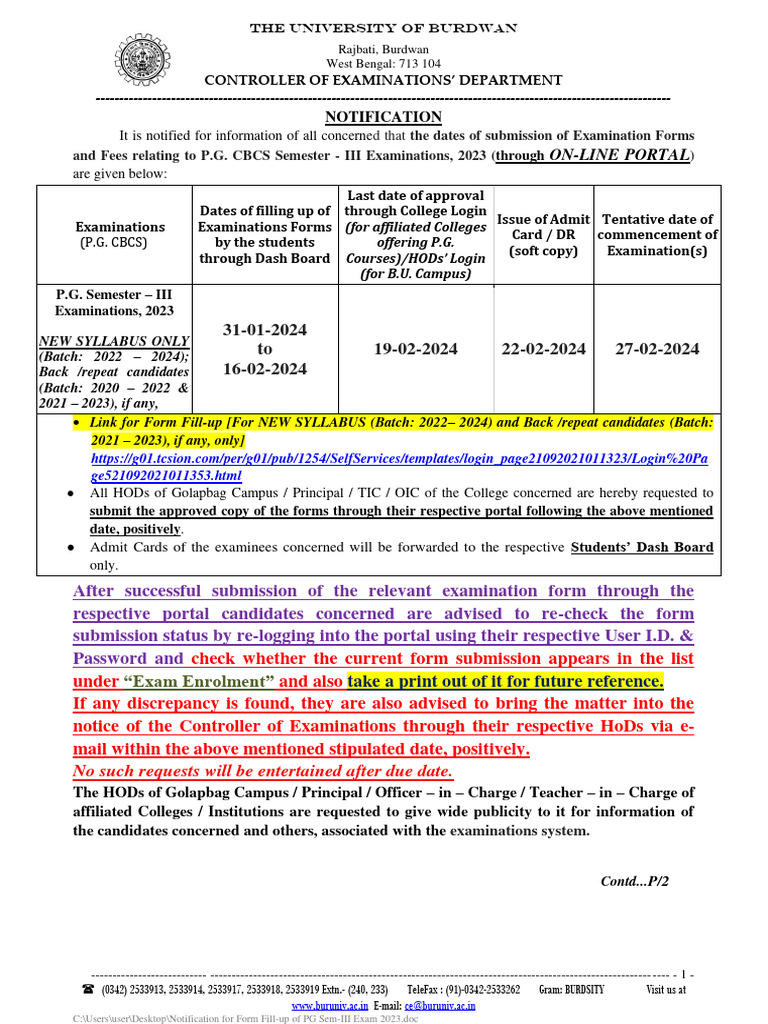 And Fees Relating To P.G. CBCS Semester - III Examinations, 2023 ( | PDF