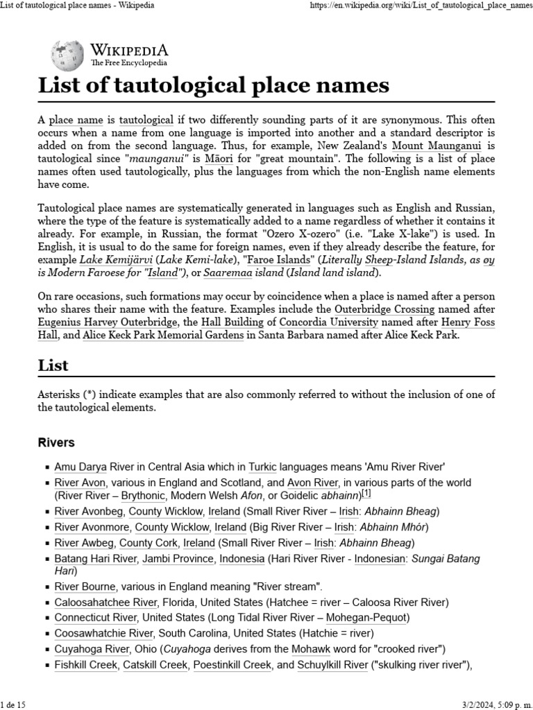 List of Tautological Place Names - Wikipedia | PDF | Foreign Language ...