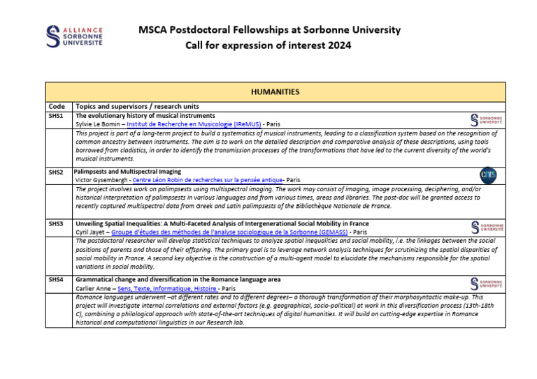 Projects in Humanities - Sorbonne Université & CNRS (Paris) - MSCA | PDF | Science | Cognitive ...