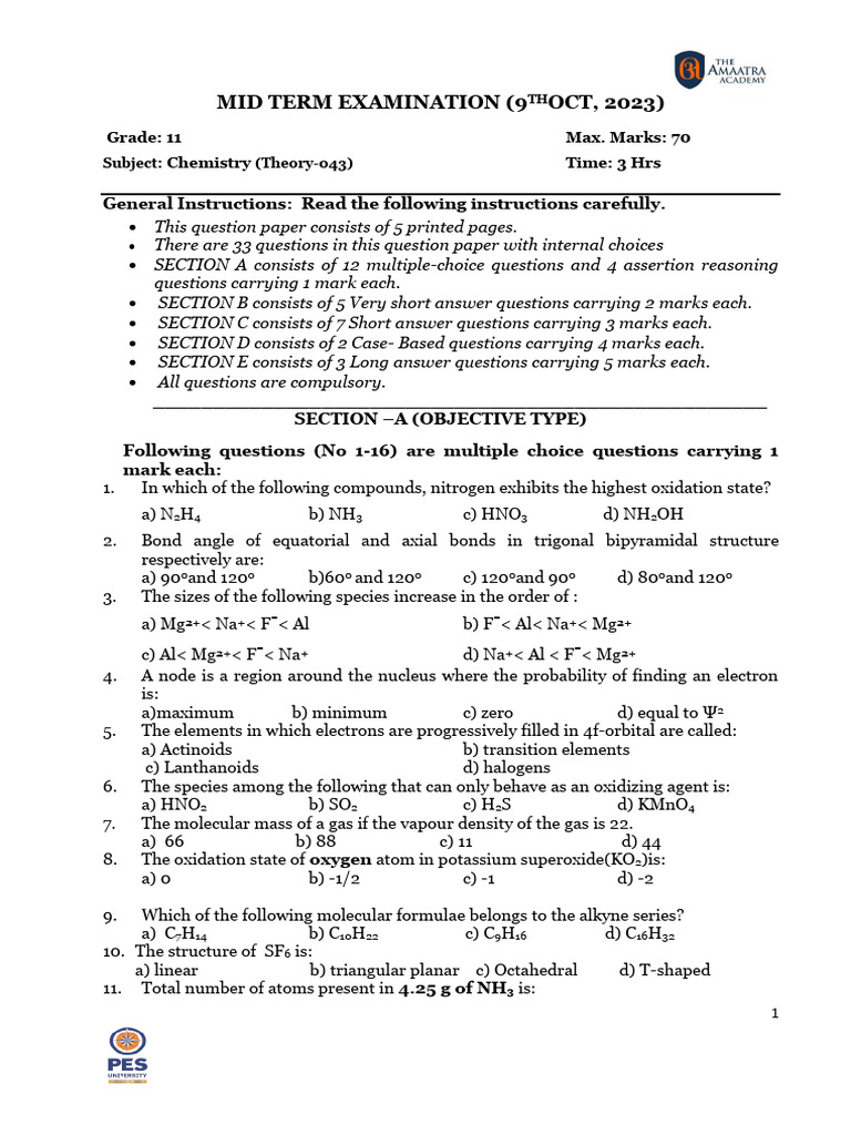 Grade 11 Chemistry Midterm Exam 2023 | PDF | Chemical Bond | Electron