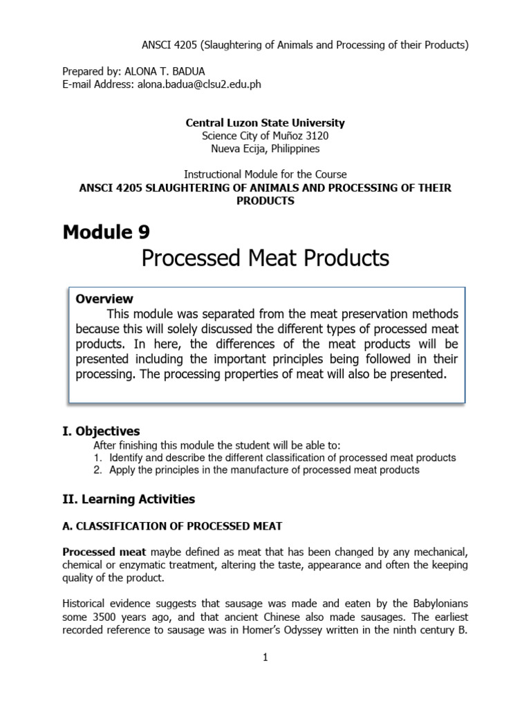 Module 9-Processed Meat | PDF | Sausage | Curing (Food Preservation)