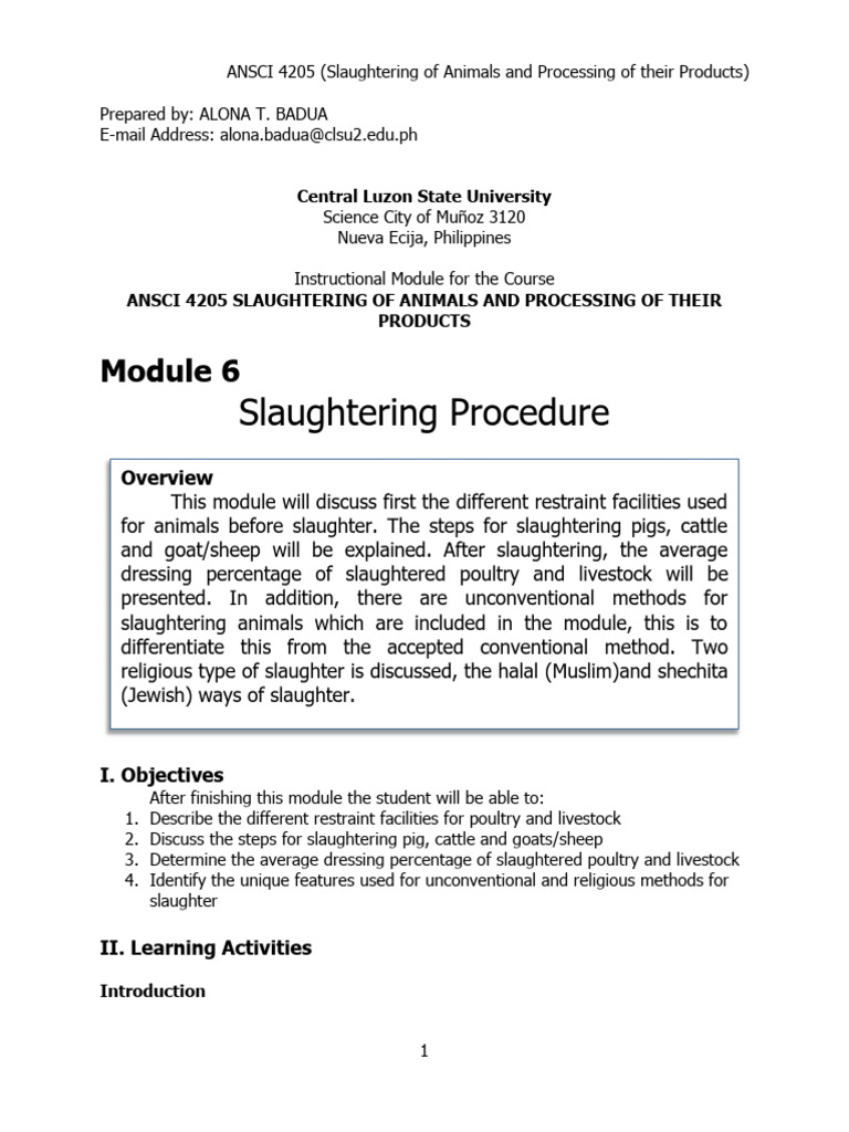 Module 6-Slaughtering Procedure | PDF | Animal Slaughter | Slaughterhouse