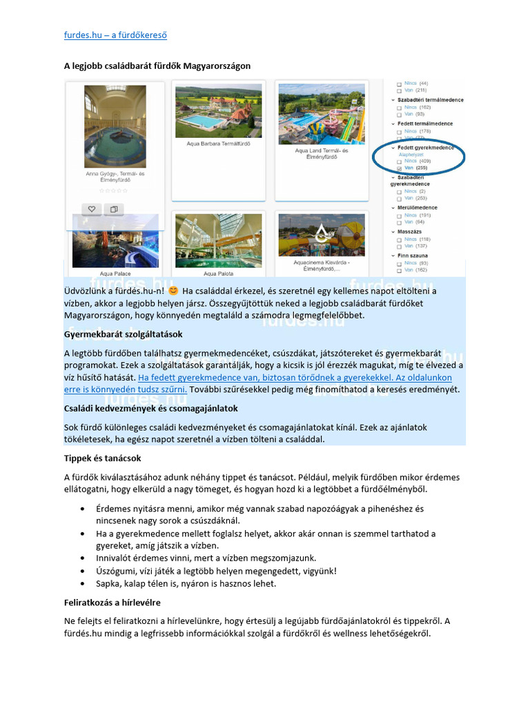 A Legjobb Családbarát Fürdők Magyarországon | PDF