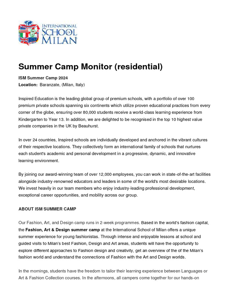 ISM SUMMER CAMP MONITORS JD 2024.V2 | PDF | Camping