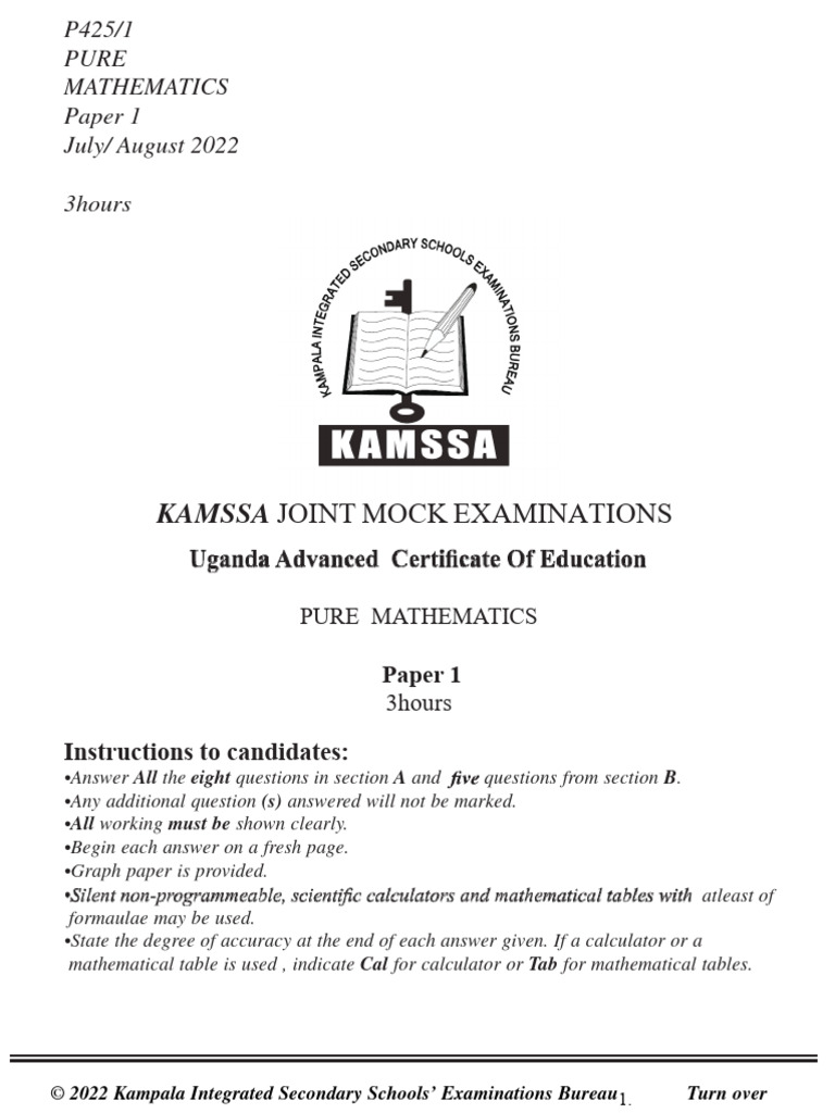 Kamssa Joint Mock Examinations Pure Math | PDF | Equations | Classical ...