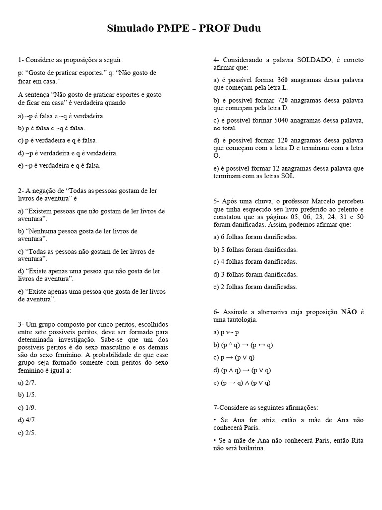 Simulado PMPE - PROF Dudu | PDF | Lógica