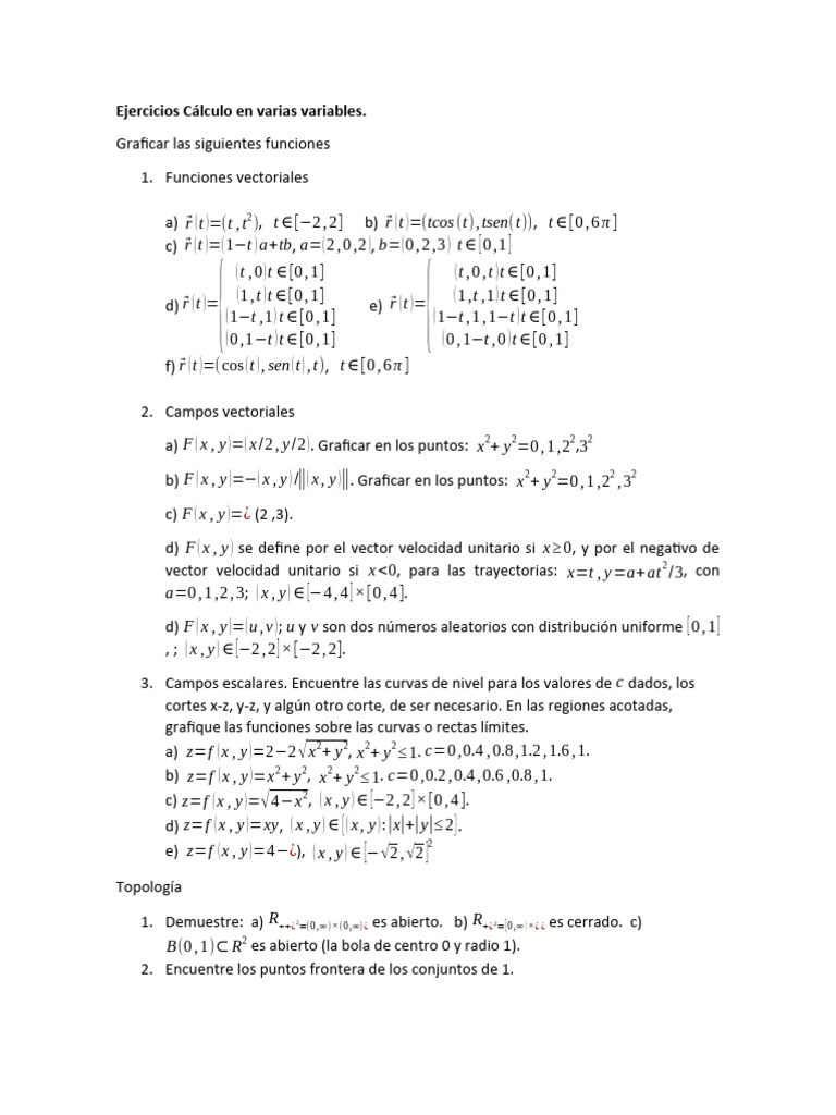Ejercicios 1 Cálculo en Varias Variables | PDF