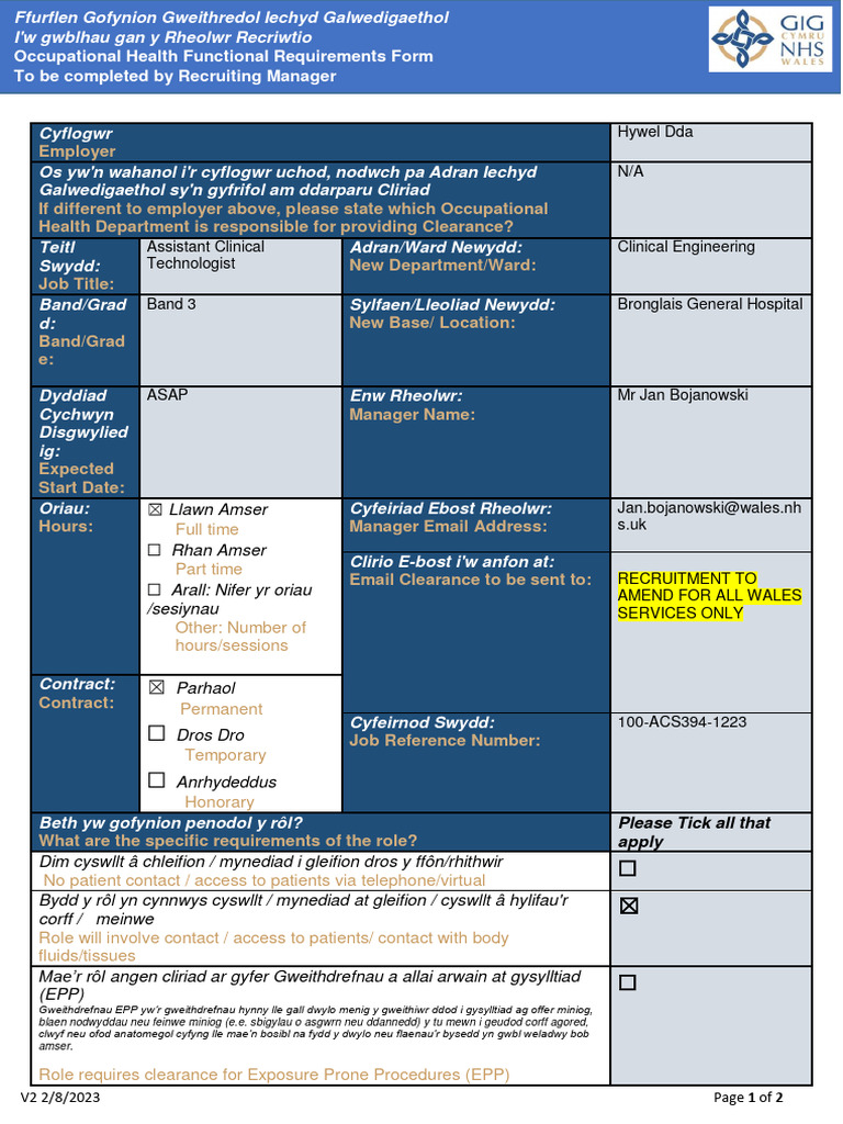 100-ACS394-1223 - Occupational Health Questionnaire | PDF