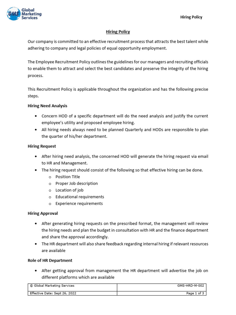 Hiring Policy | Download Free PDF | Recruitment | Business