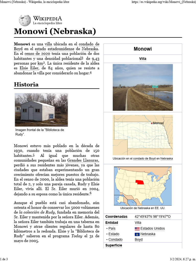 Monowi (Nebraska) - Wikipedia, La Enciclopedia Libre | PDF