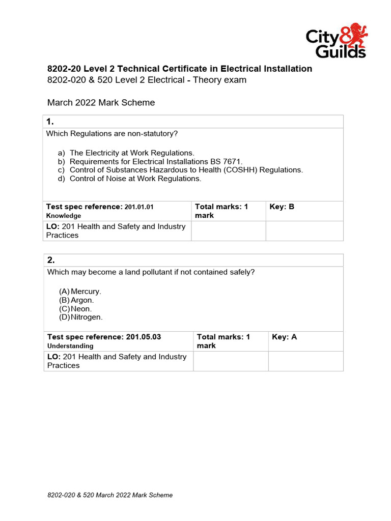 Level 2 Electrical Exam Mark Scheme | PDF