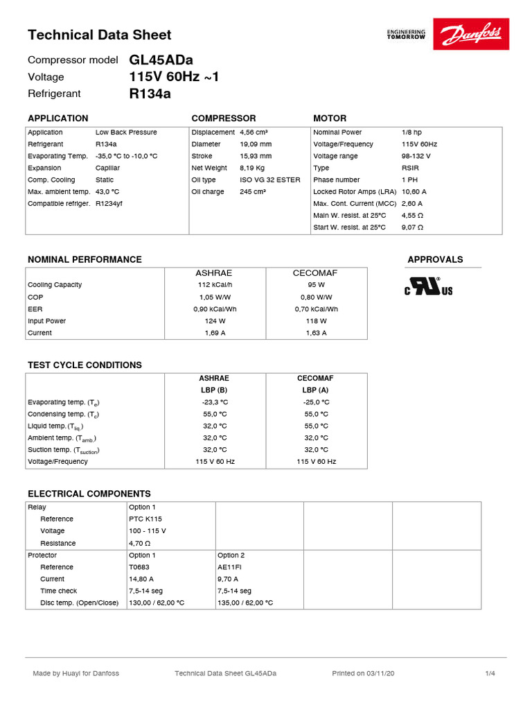 Danfoss GL45ADa R134a 115 60 | PDF | Applied And Interdisciplinary Physics | Equipment