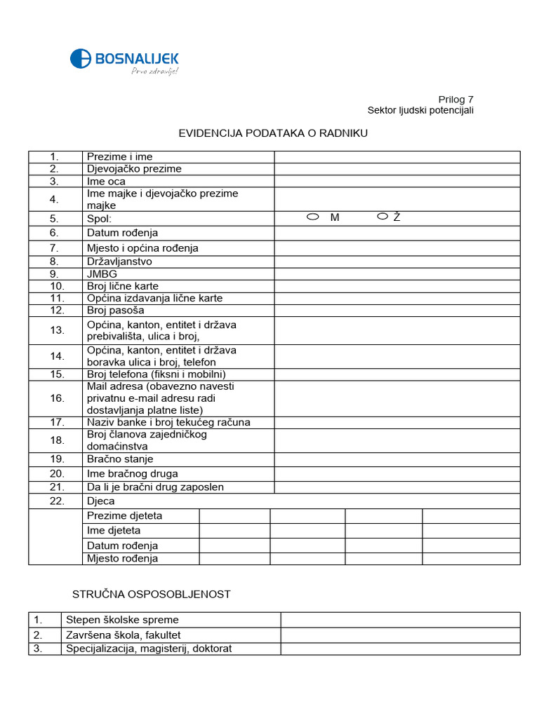 Prilog 7 - Evidencija Podataka o Radniku | PDF