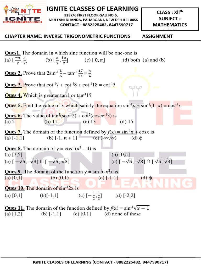 ASSIGNMENT(INVERSE TRIGONOMETRIC FUNCTIONS ) (1) | PDF