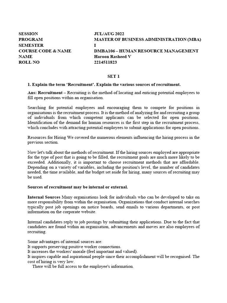 Dmba106 - Human Resource Management 1 | PDF | Recruitment | Human Resources