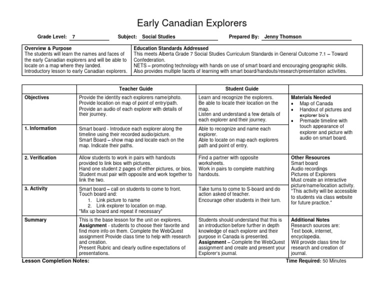 Early Canadian Explorers Lesson Plan | PDF | Lesson Plan | Teaching