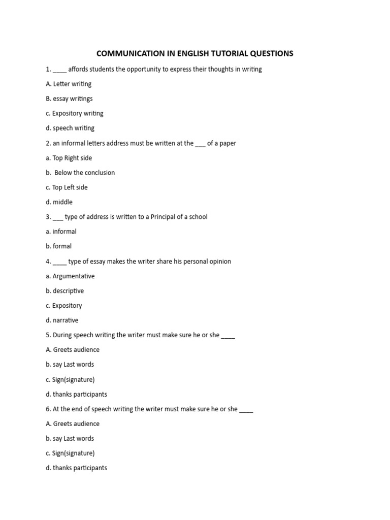 Communication in English Tutorials Questions | PDF | Idiom | Essays