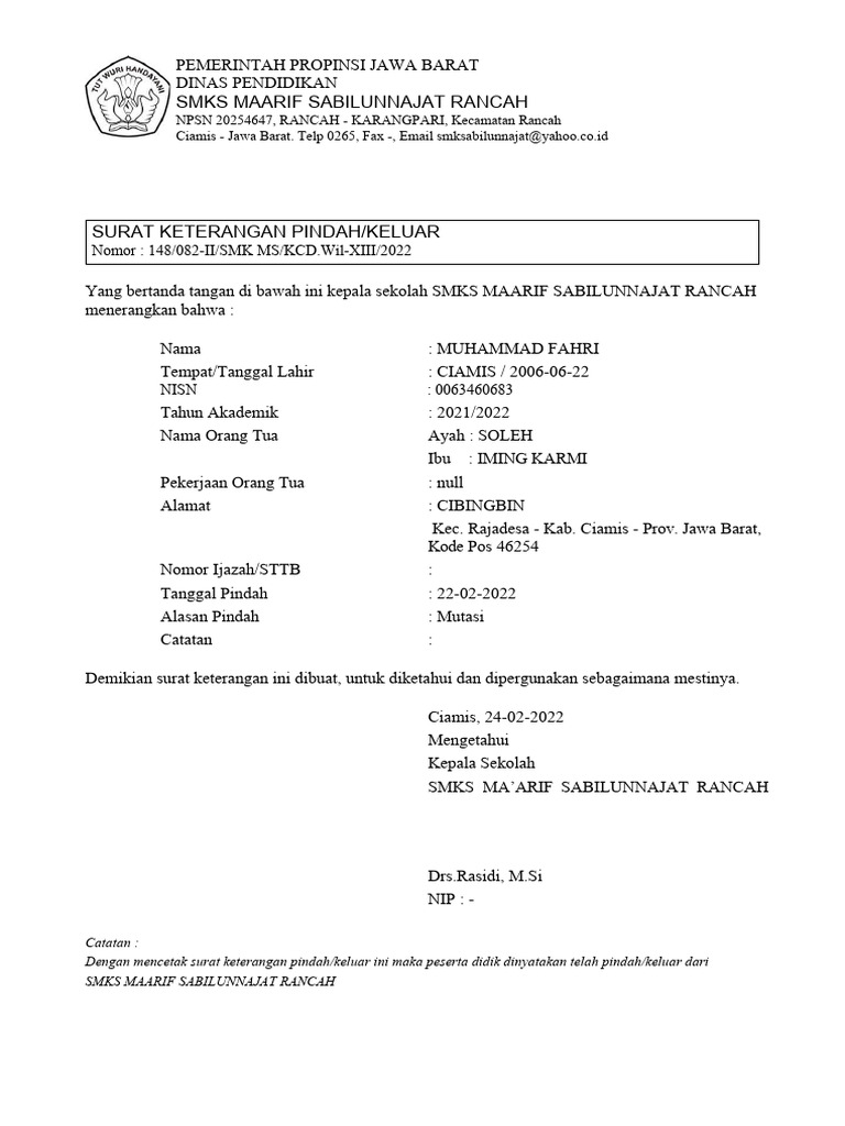 Surat Mutasi Muhammad Fahri | PDF